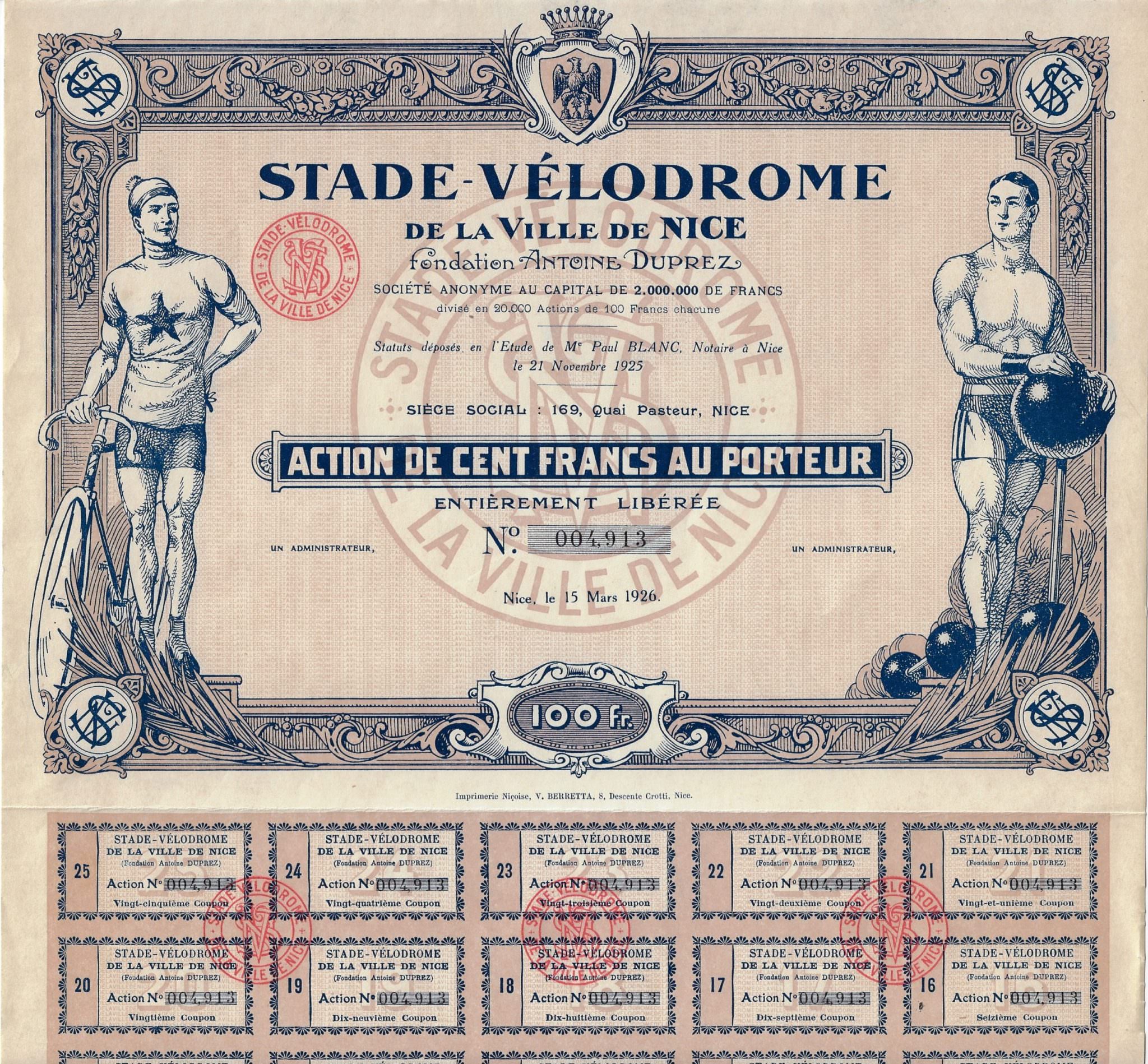 Stade-Velodrome de la Ville de Nice fondation Antoine Duprez S.A., 1926 ...