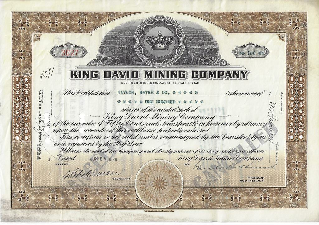 King David Mining Company, 1936 – Aktien-Kunst-Geschichte